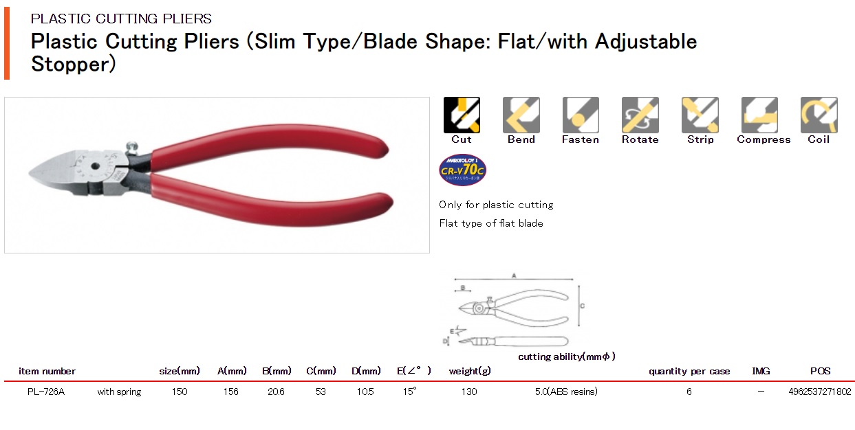 Ichiban Precision Sdn Bhd - Keiba - Keiba Plastic Cutting Pliers (Slim Type/Blade Shape: Flat ...